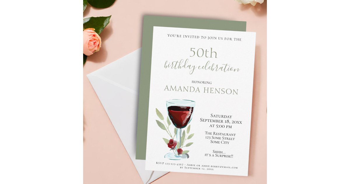 Elegant 50th Birthday Red Wine Surprise Party Invitation | Zazzle