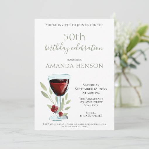 Elegant 50th Birthday Red Wine Surprise Party Invitation | Zazzle