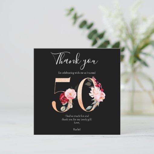 Elegant 50th Birthday Thank You Flat Card | Zazzle