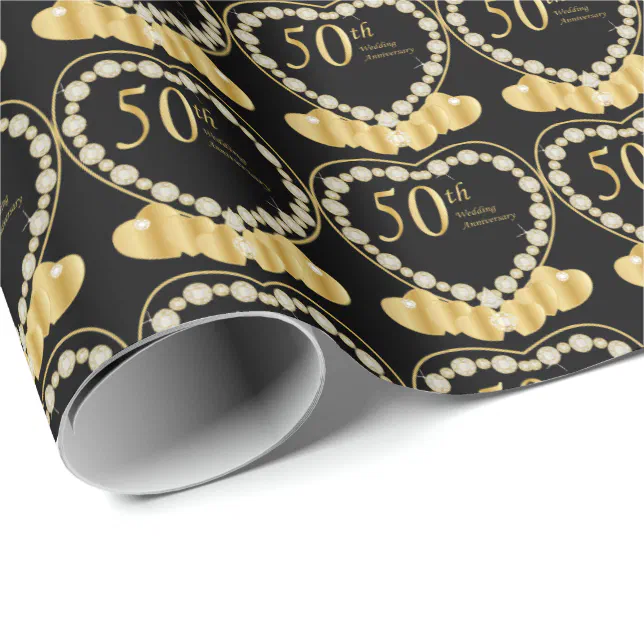 Elegant 50th Golden Wedding Anniversary Hearts Wrapping Paper | Zazzle