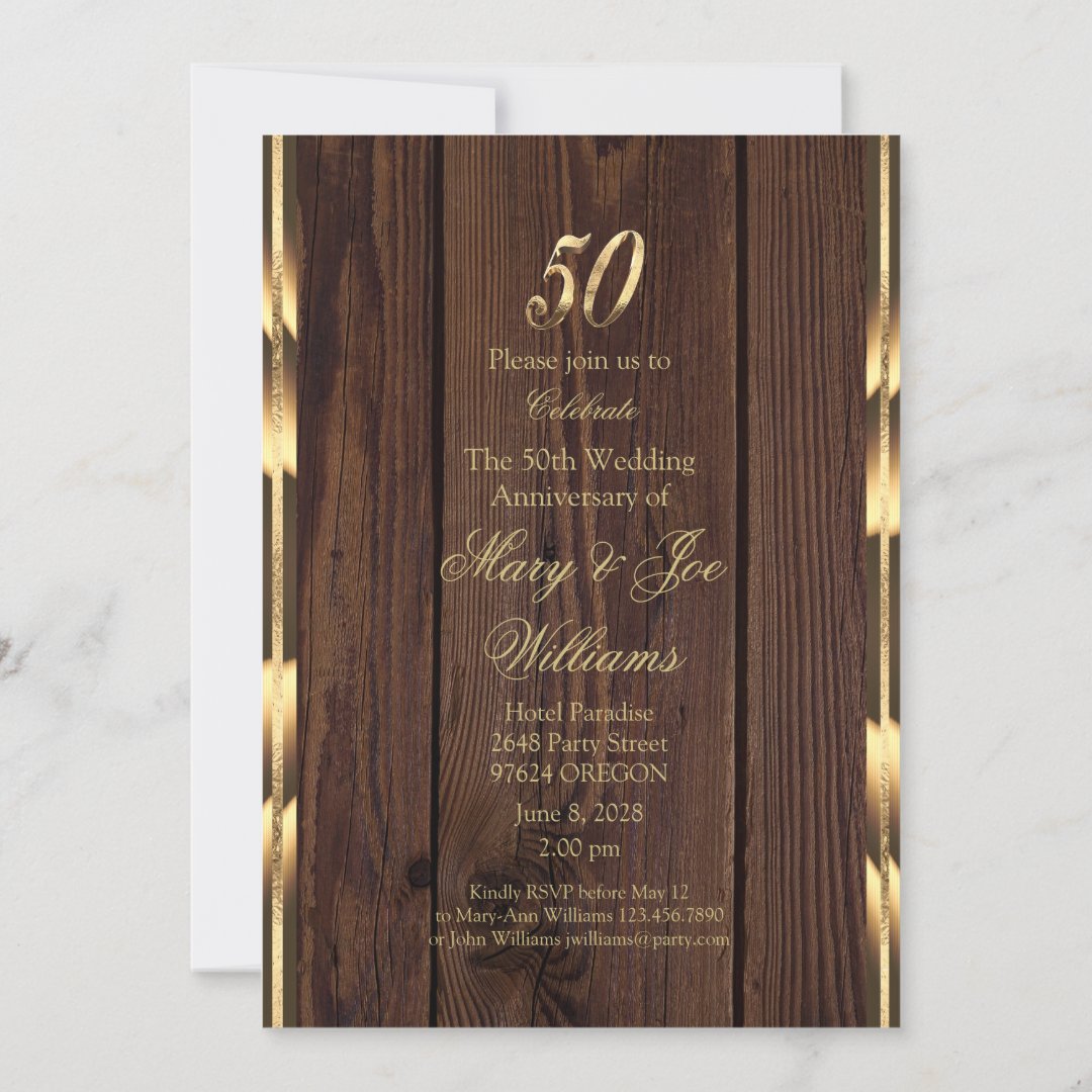 Elegant 50th Wedding Anniversary Gold Rustic Wood Invitation | Zazzle