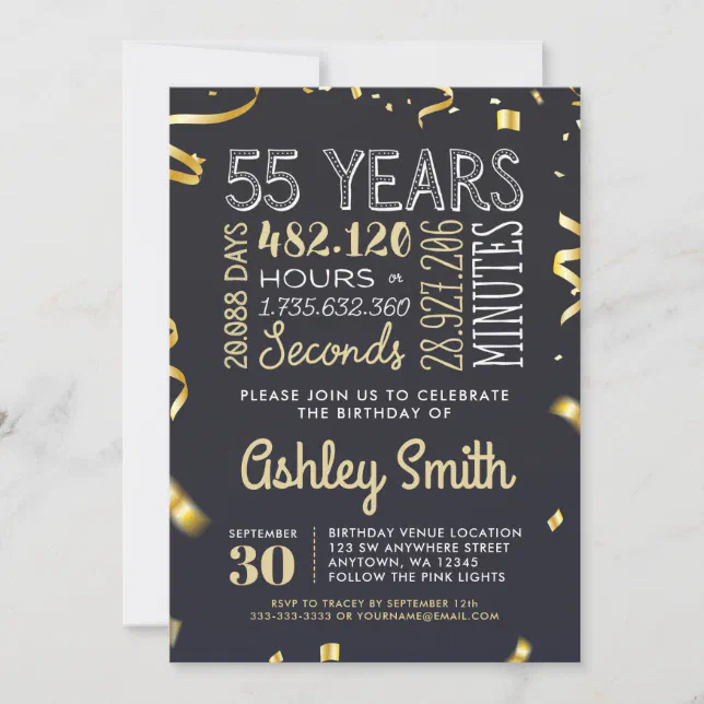 Elegant 55th Birthday Invitation Gold Glitter | Zazzle
