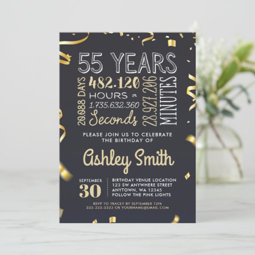 Elegant 55th Birthday Invitation Gold Glitter | Zazzle