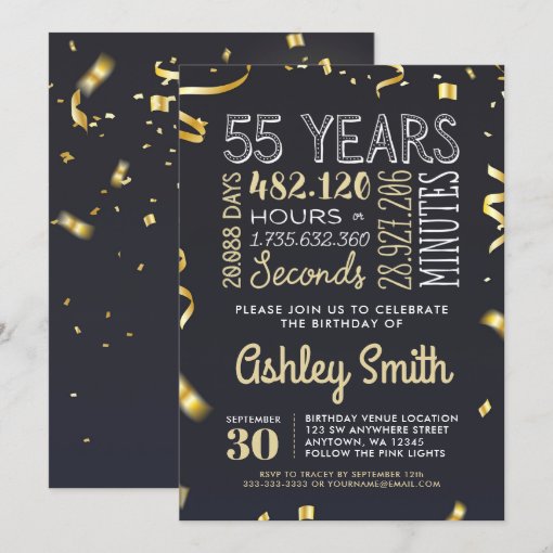 Elegant 55th Birthday Invitation Gold Glitter | Zazzle