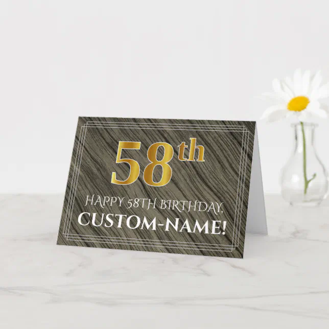 Elegant 58th Birthday: Faux Wood, Faux Gold Look Card | Zazzle