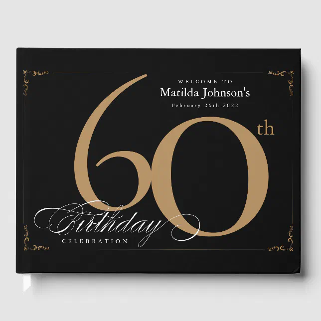 Elegant 60th Birthday Black Gold Script Custom Guest Book | Zazzle