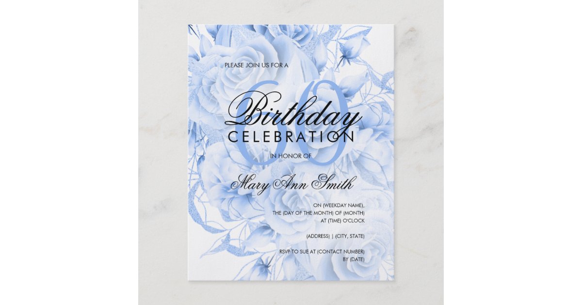 Elegant 60th Birthday Floral Navy Blue Invite Flyer | Zazzle