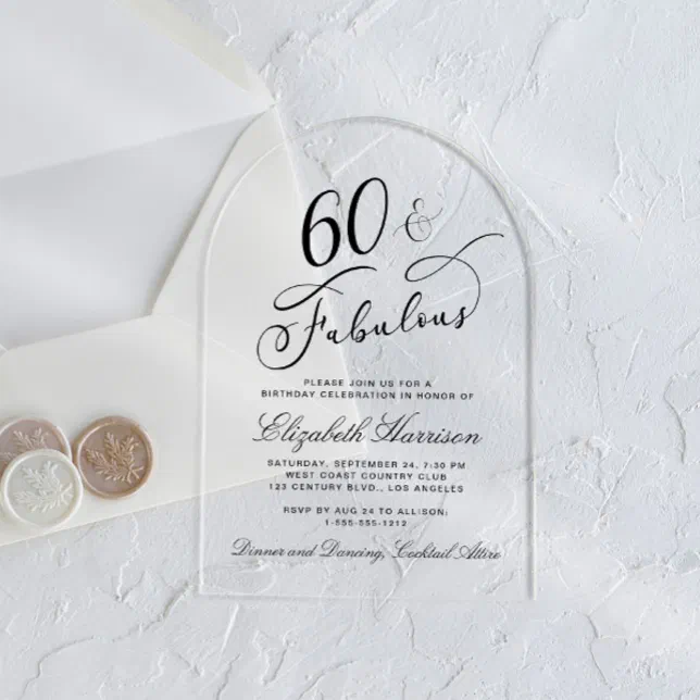 Elegant 60th Birthday Party Acrylic Invitations | Zazzle