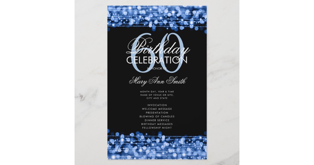 Elegant 60th Birthday Party Program Blue w/ Menu Flyer | Zazzle