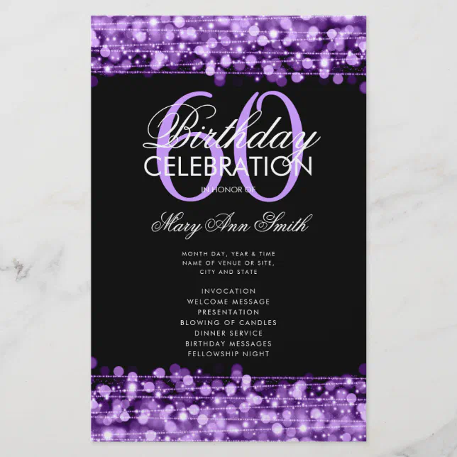 Elegant 60th Birthday Party Program Purple w/ Menu Flyer | Zazzle