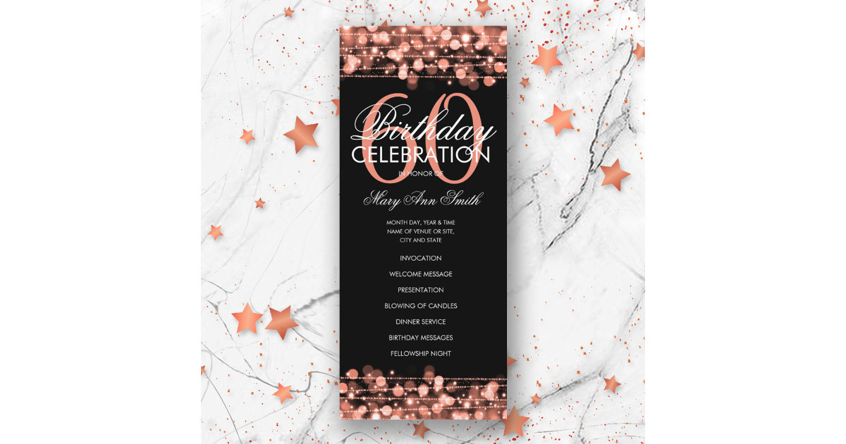 Elegant 60th Birthday Party Program Rose Gold Menu | Zazzle
