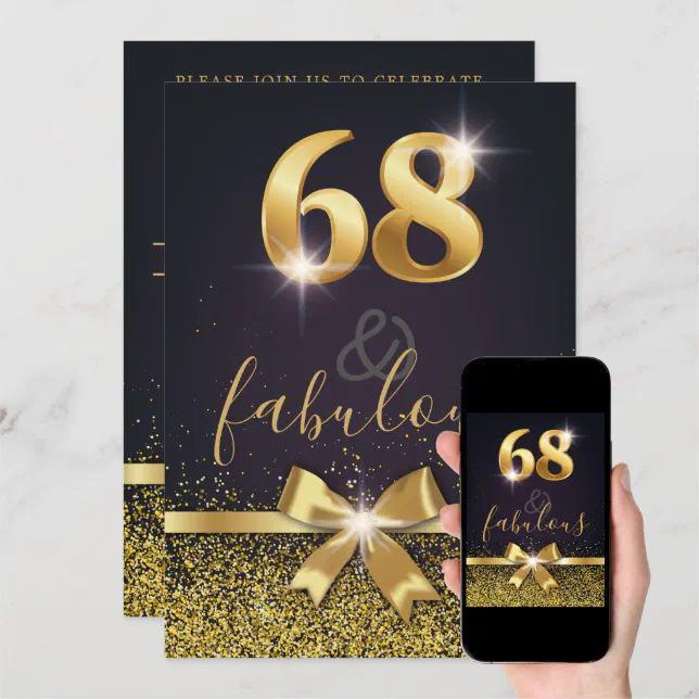 Elegant 68 & Fabulous Gold Glitter 68th Birthday Invitation | Zazzle