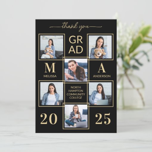 Elegant 6 Photo Personalized Black Gold Graduation Thank You Card | Zazzle
