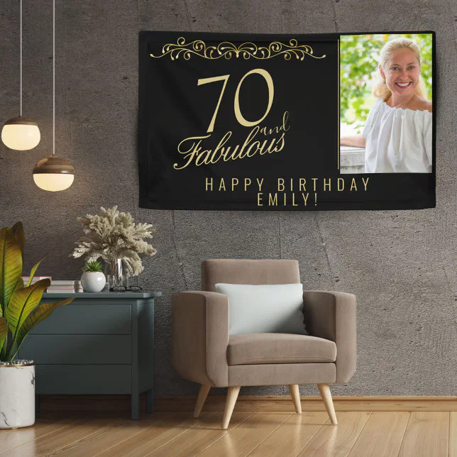 Elegant 70 and Fabulous Birthday Photo Black Banner | Zazzle