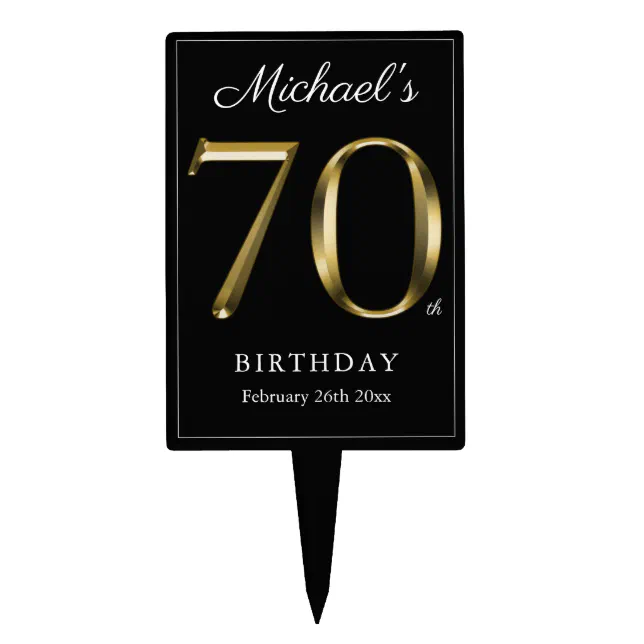 Elegant 70th Birthday Black Solid Gold Text Classy Cake Topper | Zazzle