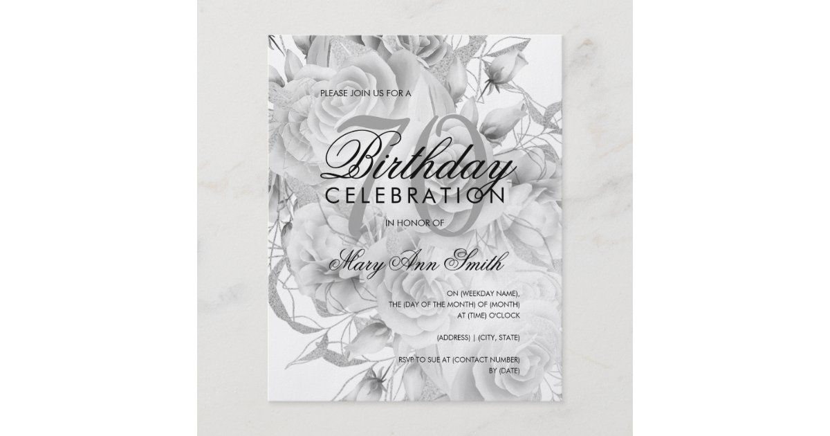 Elegant 70th Birthday Floral Silver White Invite Flyer | Zazzle