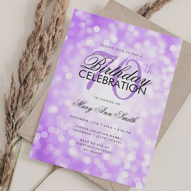 Elegant 70th Birthday Glam Purple Shimmer Light Invitation | Zazzle