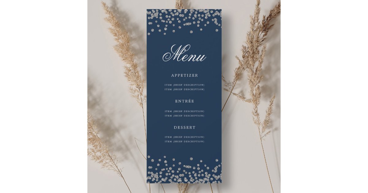 Elegant 70th Birthday Menu Silver Confetti Navy Invitation | Zazzle