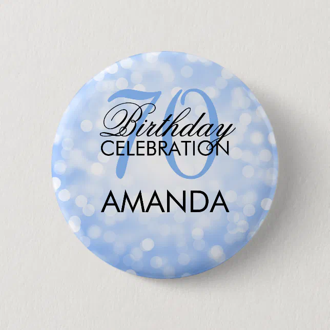 Elegant 70th Birthday Party Blue Glitter Lights Button | Zazzle