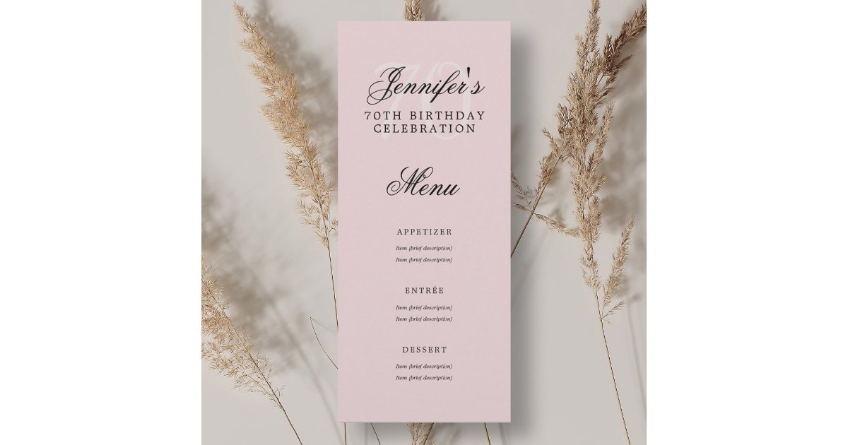 Elegant 70th Birthday Party Menu Blush Pink Invitation | Zazzle