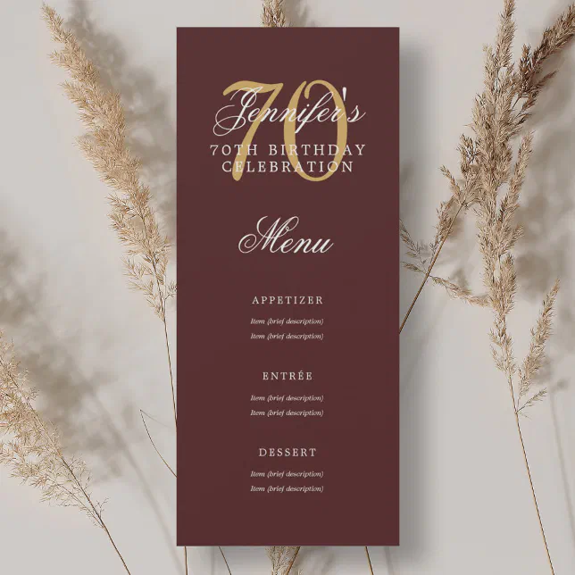 Elegant 70th Birthday Party Menu Gold Burgundy Invitation | Zazzle