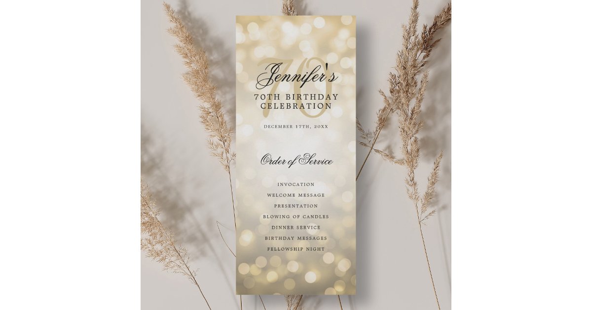 Elegant 70th Birthday Party Program Gold Bokeh | Zazzle