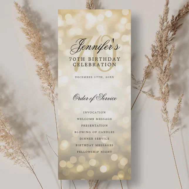 Elegant 70th Birthday Party Program Gold Bokeh | Zazzle