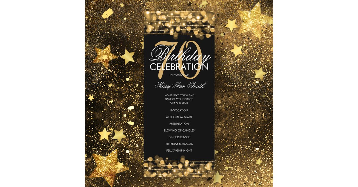 Elegant 70th Birthday Party Program Gold w/ Menu | Zazzle