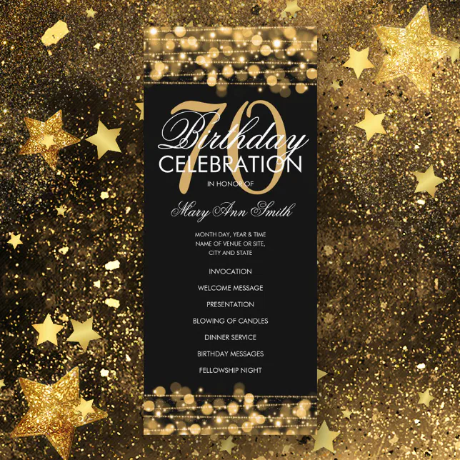 Elegant 70th Birthday Party Program Gold w/ Menu | Zazzle