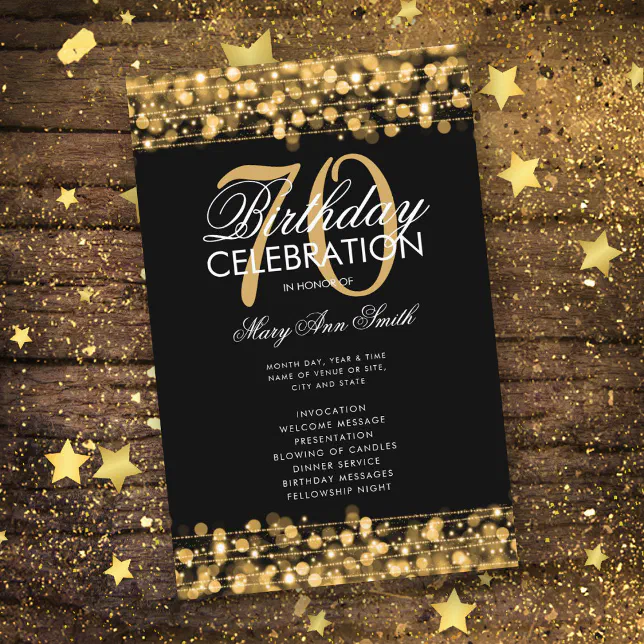 Elegant 70th Birthday Party Program Gold w/ Menu | Zazzle