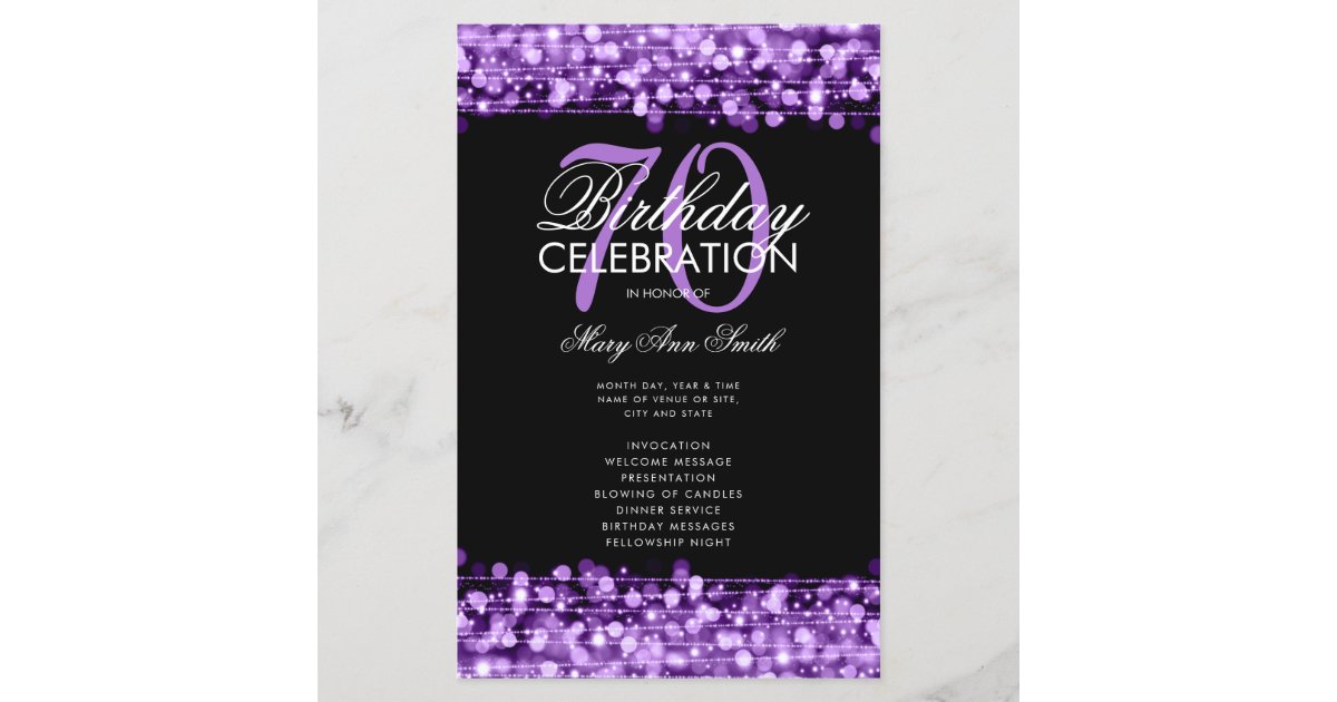 Elegant 70th Birthday Party Program Purple Menu | Zazzle