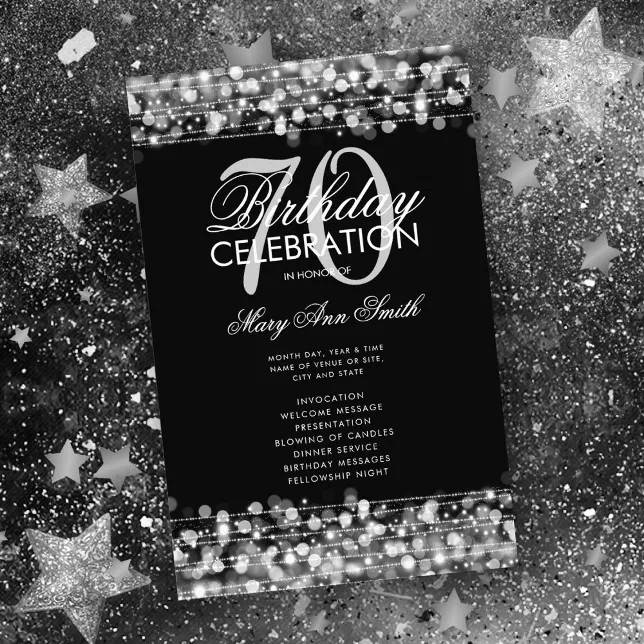 Elegant 70th Birthday Party Program Silver Menu | Zazzle