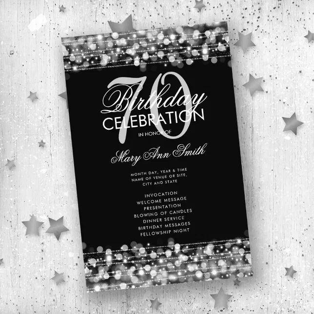 Elegant 70th Birthday Party Program Silver Menu Flyer | Zazzle