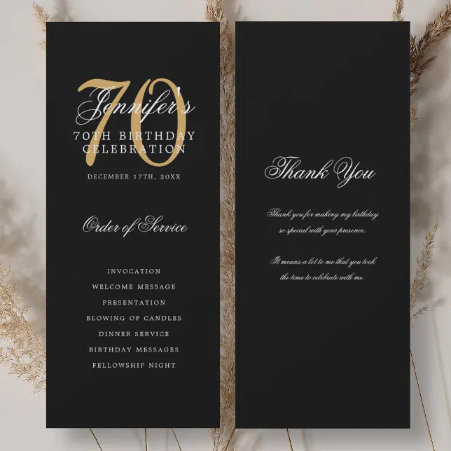Elegant 70th Birthday Program Gold Black Thank You | Zazzle