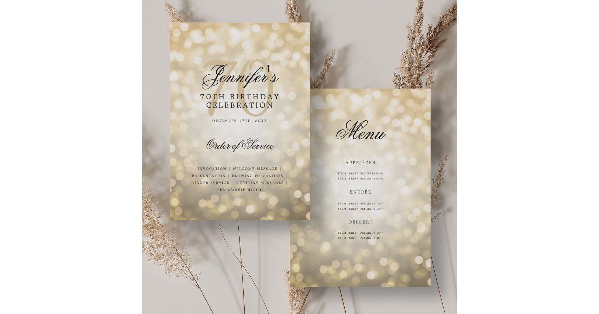 Elegant 70th Birthday Program Gold Bokeh w/ Menu | Zazzle