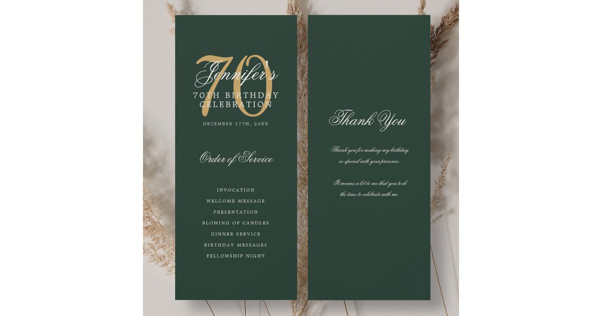 Elegant 70th Birthday Program Gold Green Thank You | Zazzle