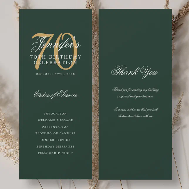 Elegant 70th Birthday Program Gold Green Thank You | Zazzle
