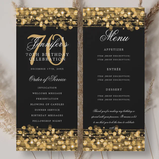Elegant 70th Birthday Program Gold Menu+Thank You | Zazzle
