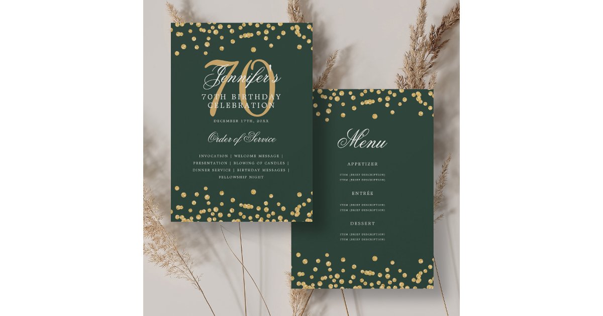 Elegant 70th Birthday Program Menu Gold Green | Zazzle