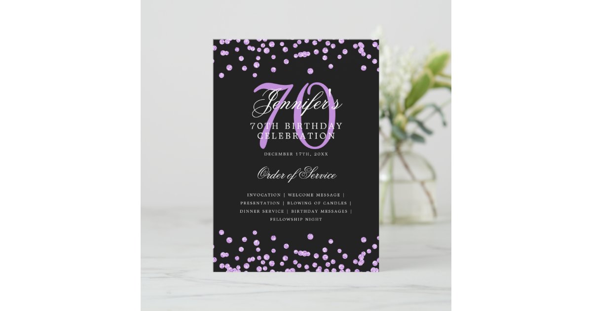 Elegant 70th Birthday Program Menu Purple Black | Zazzle