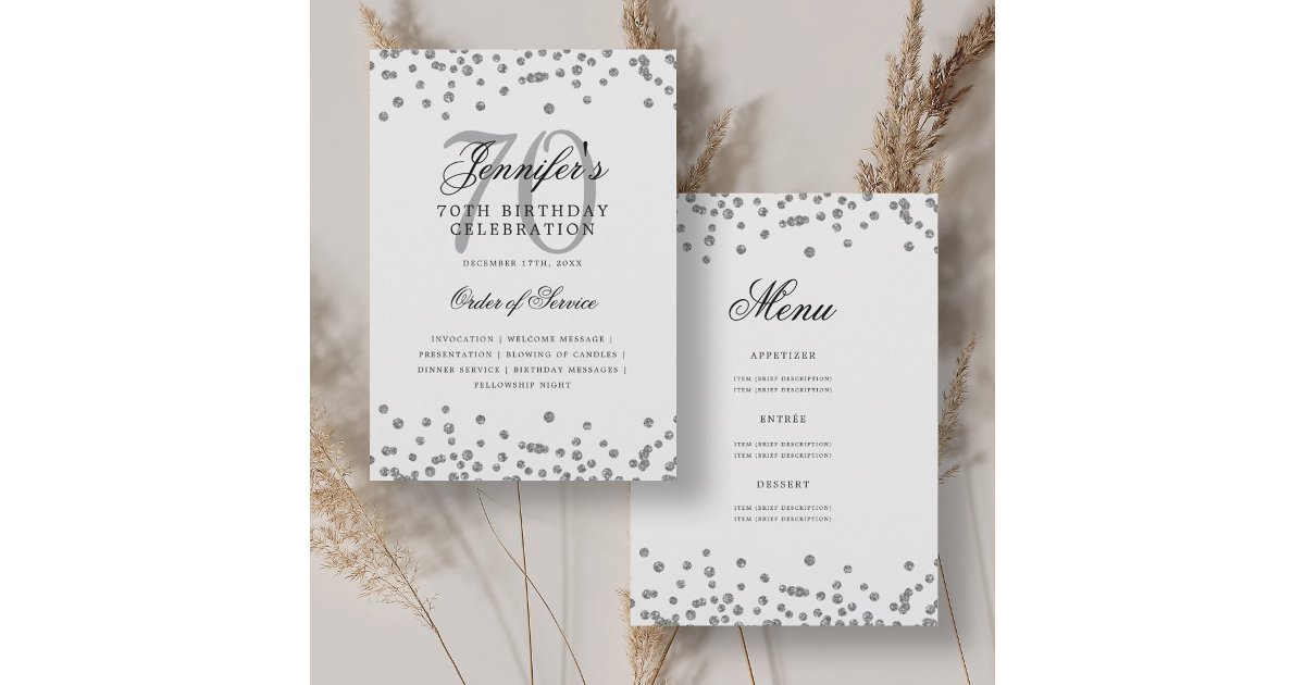 Elegant 70th Birthday Program Menu Silver | Zazzle