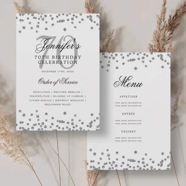Elegant 70th Birthday Program Menu Silver | Zazzle