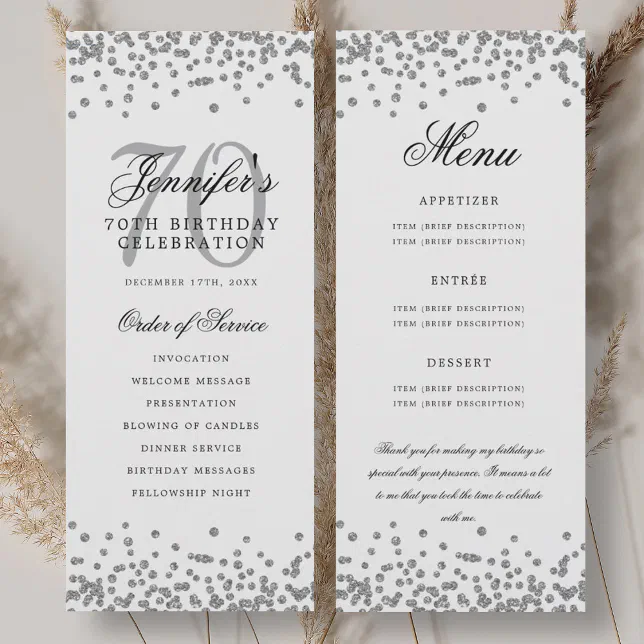 Elegant 70th Birthday Program Menu Thank U Silver | Zazzle