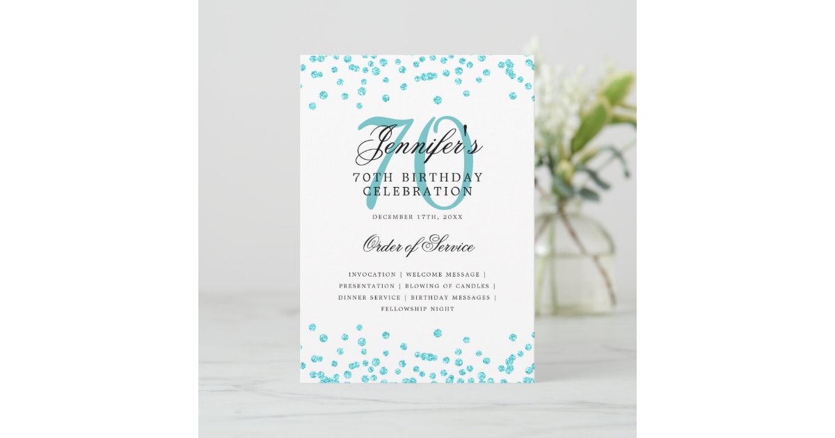 Elegant 70th Birthday Program Menu Turquoise | Zazzle
