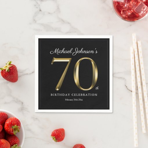 Elegant 70th Birthday Solid Gold Text Black Napkins | Zazzle