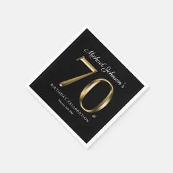 Elegant 70th Birthday Solid Gold Text Black Napkins | Zazzle