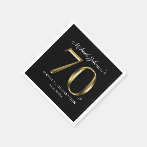 Elegant 70th Birthday Solid Gold Text Black Napkins | Zazzle