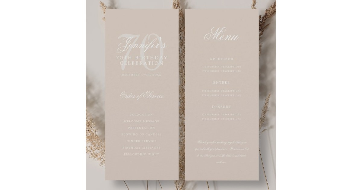 Elegant 70th Program Champagne Menu+Thank You | Zazzle