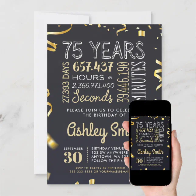 Elegant 75th Birthday Invitation Gold Glitter | Zazzle