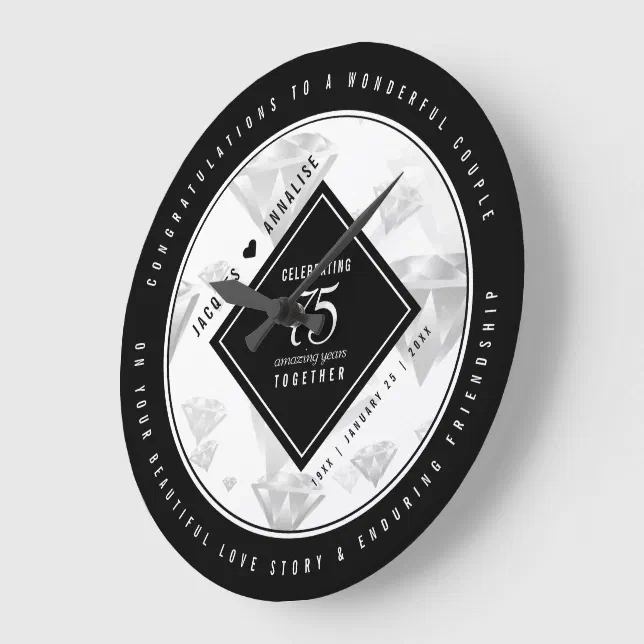 Elegant 75th Diamond Wedding Anniversary Large Clock | Zazzle